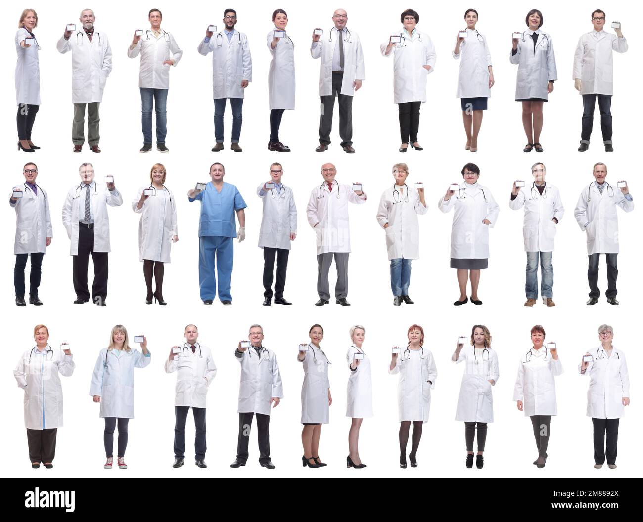 full length group of doctors showing badge isolated on white background ...