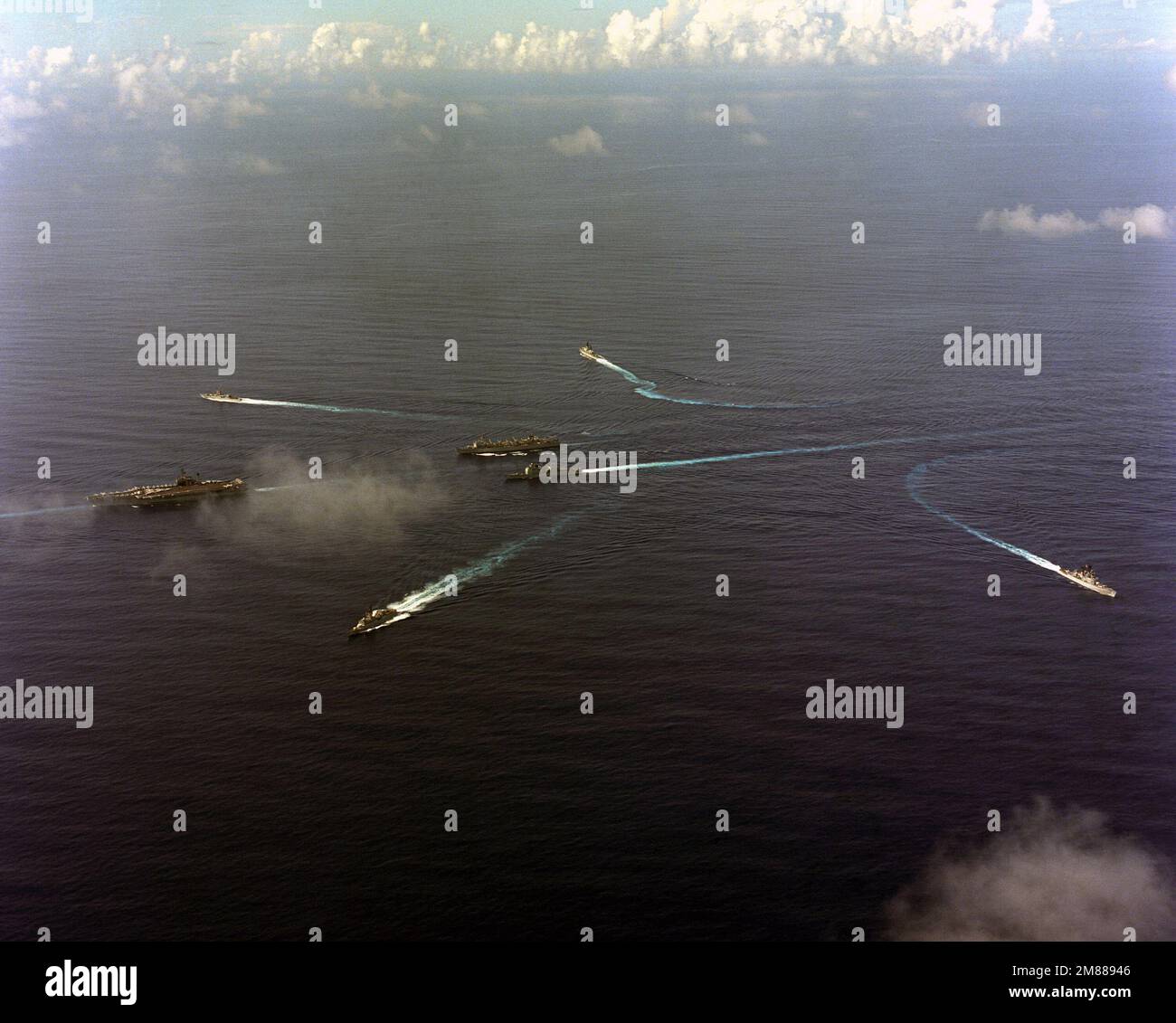 An aerial view of the aircraft carrier USS CONSTELLATION (CV 64) battle ...