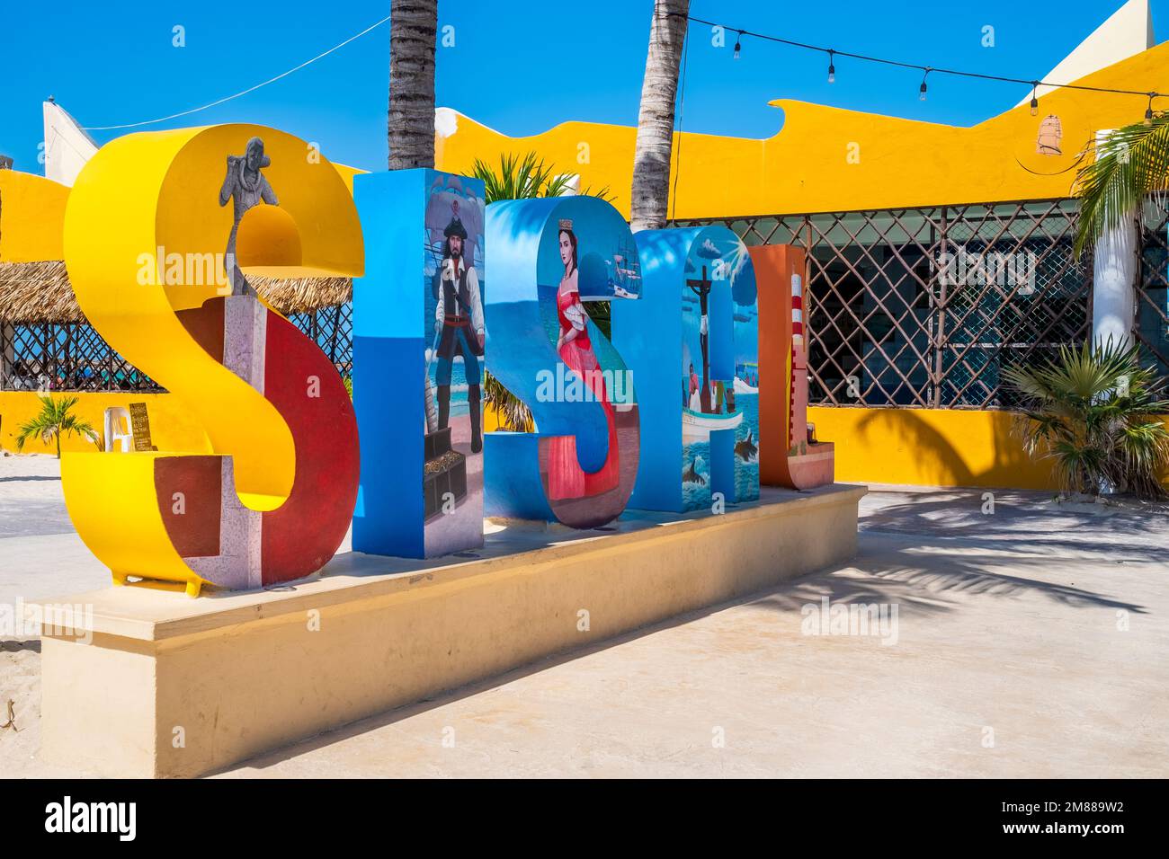Colorful sign at the beach town of Sisal in Yucatan, Mexico Stock Photo ...