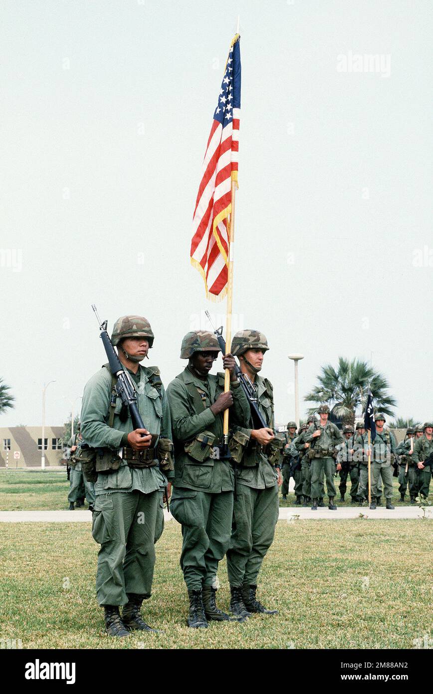 A color guard from the 5th Battalion, 87th Infantry Brigade, parades ...