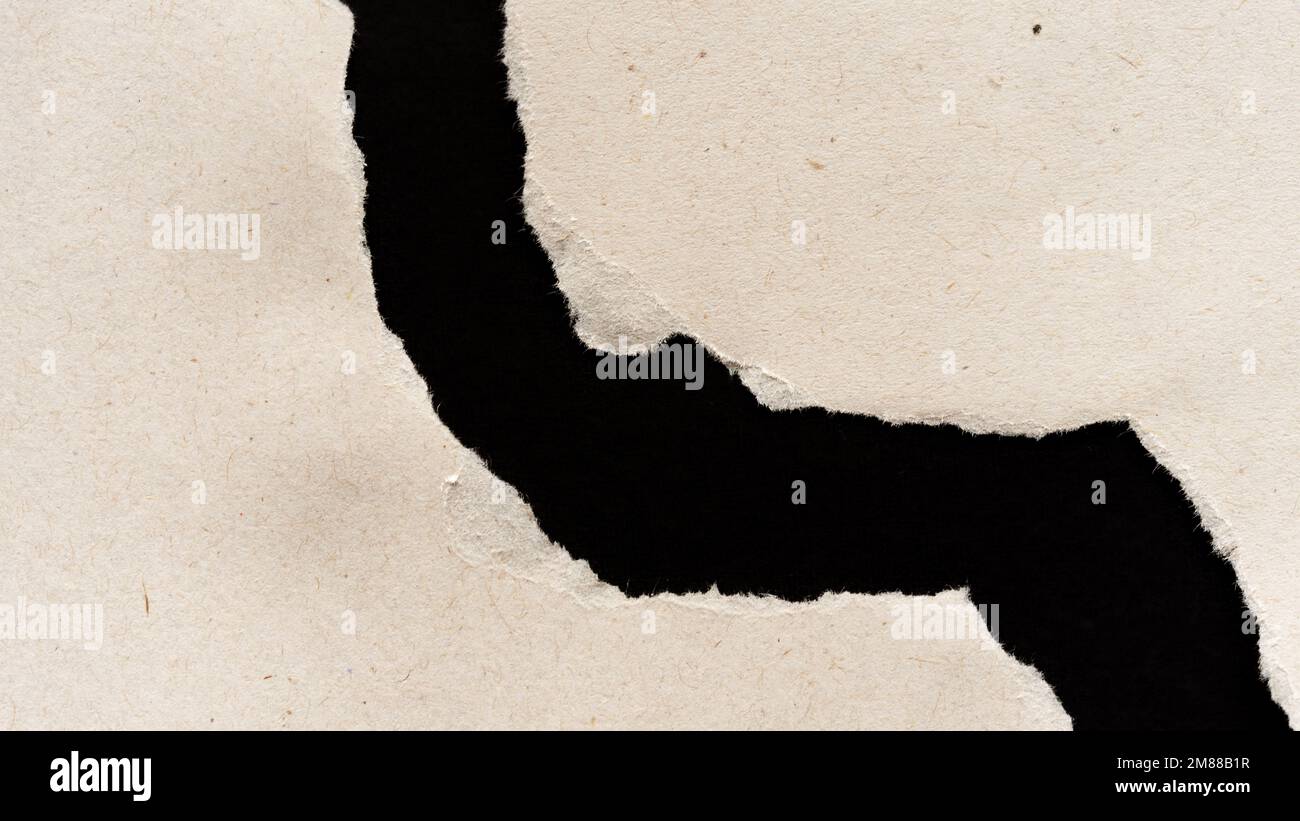 A macro shot of a torn paper with rough edges, on a black background ...