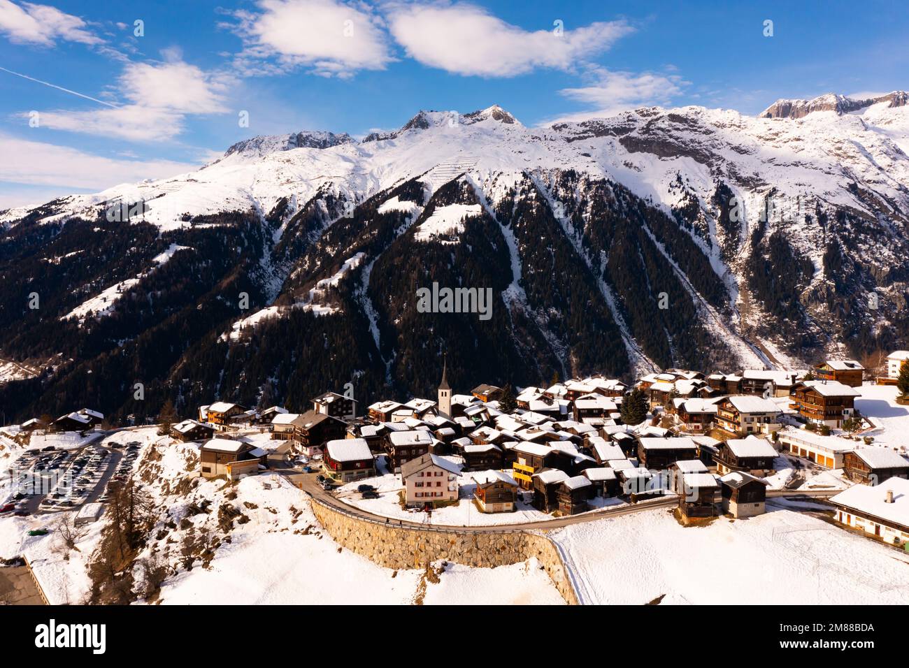 Aerial view of Swiss village Bellwald Stock Photo - Alamy