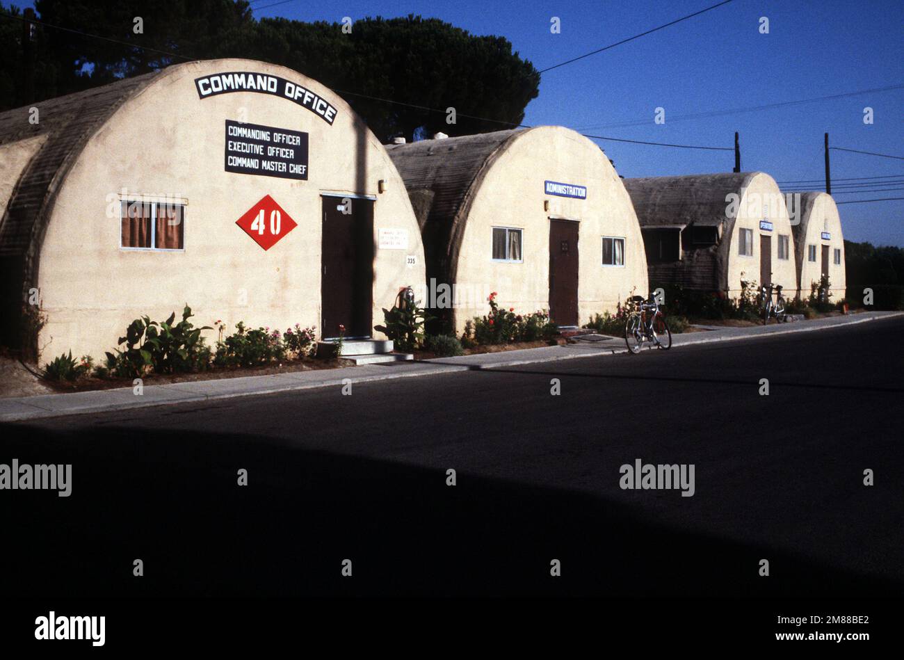 A view of the command office, operations and other buildings used by ...