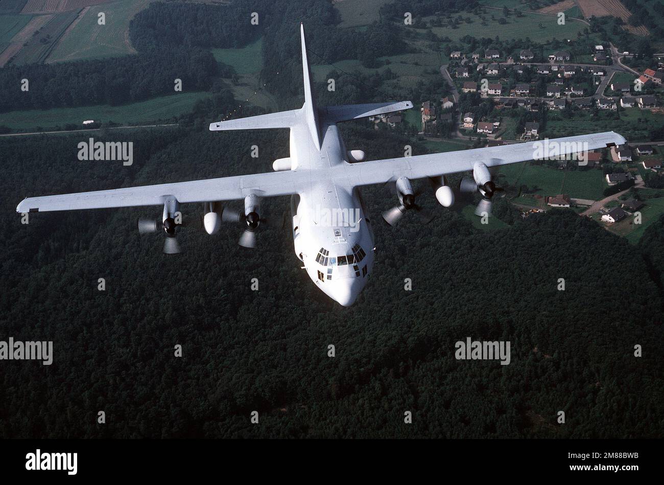 An air-to-air front view of a 43rd Electronic Combat Squadron EC-130H ...