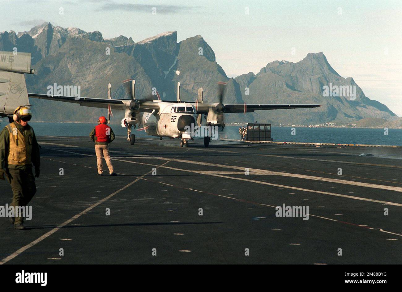 A C-2A Greyhound aircraft lands on the aircraft carrier USS FORRESTAL ...