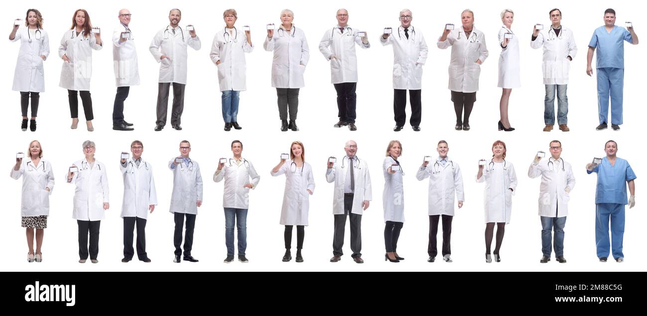 full length group of doctors showing badge isolated on white background ...