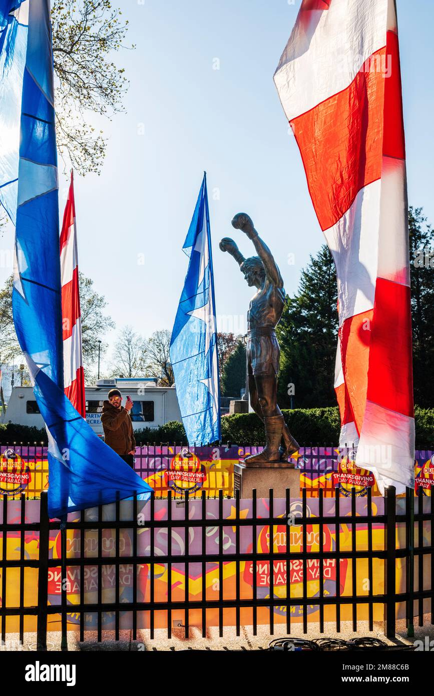 Tourists pose for pictures; famous Rocky Balboa statue; Philadelphia ...
