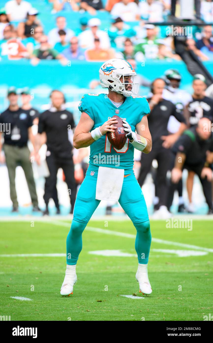 Miami Dolphins quarterback Skylar Thompson (19) looks to throw the ball ...