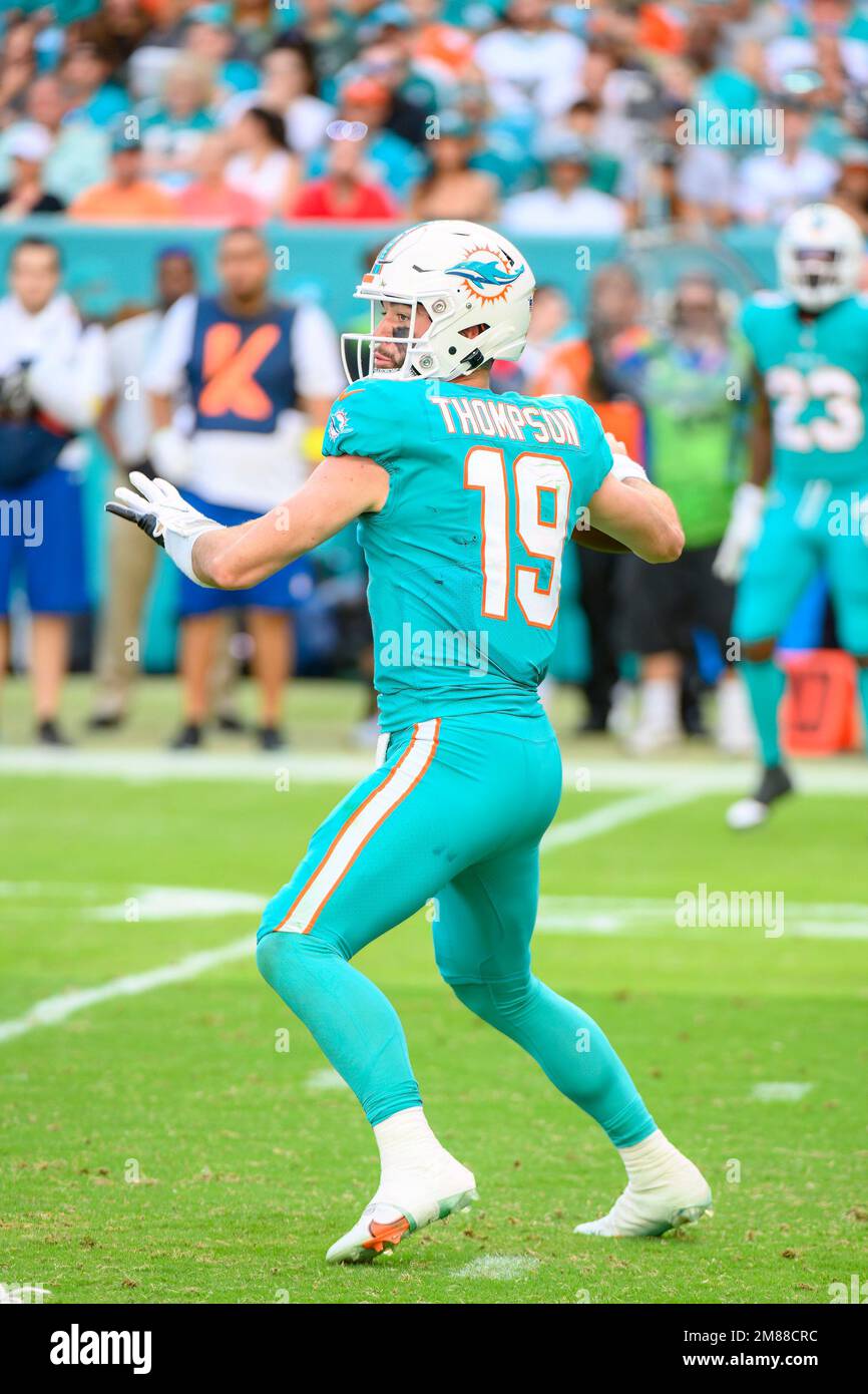 Miami Dolphins quarterback Skylar Thompson (19) looks to throw the ball ...