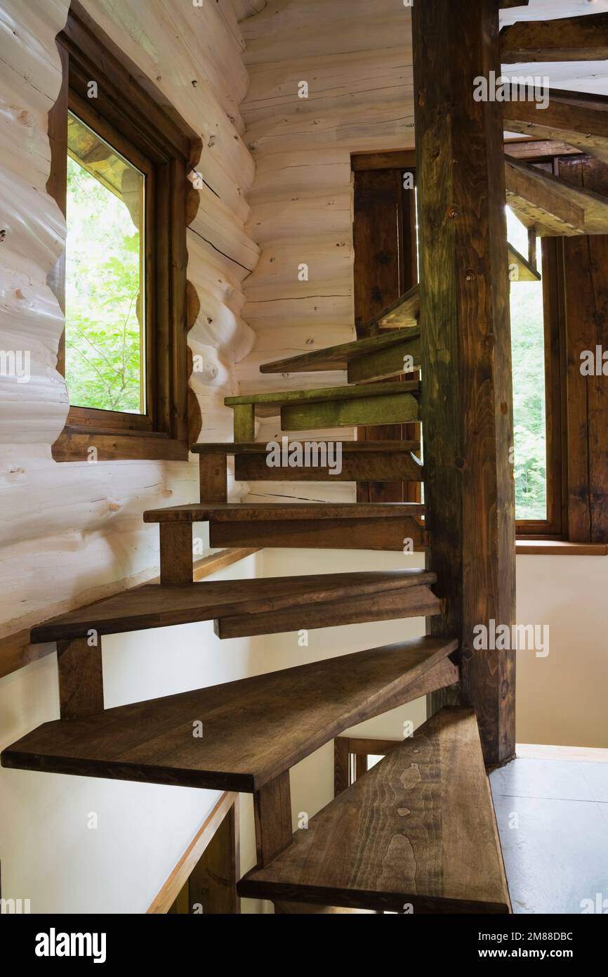 Pine Log Spiral Staircase
