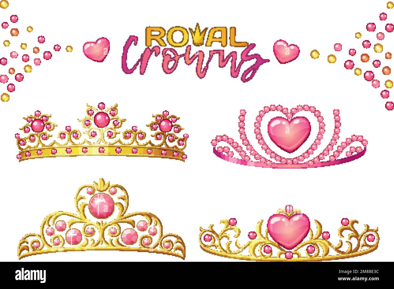 Princess crowns with heart gems isolated on white background, golden ...