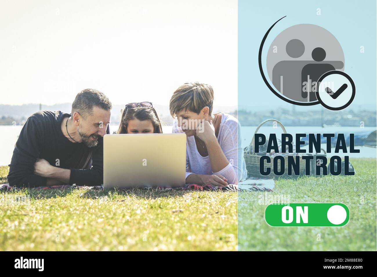 Parental control, child protection concept. Girl, mum and dad watching ...
