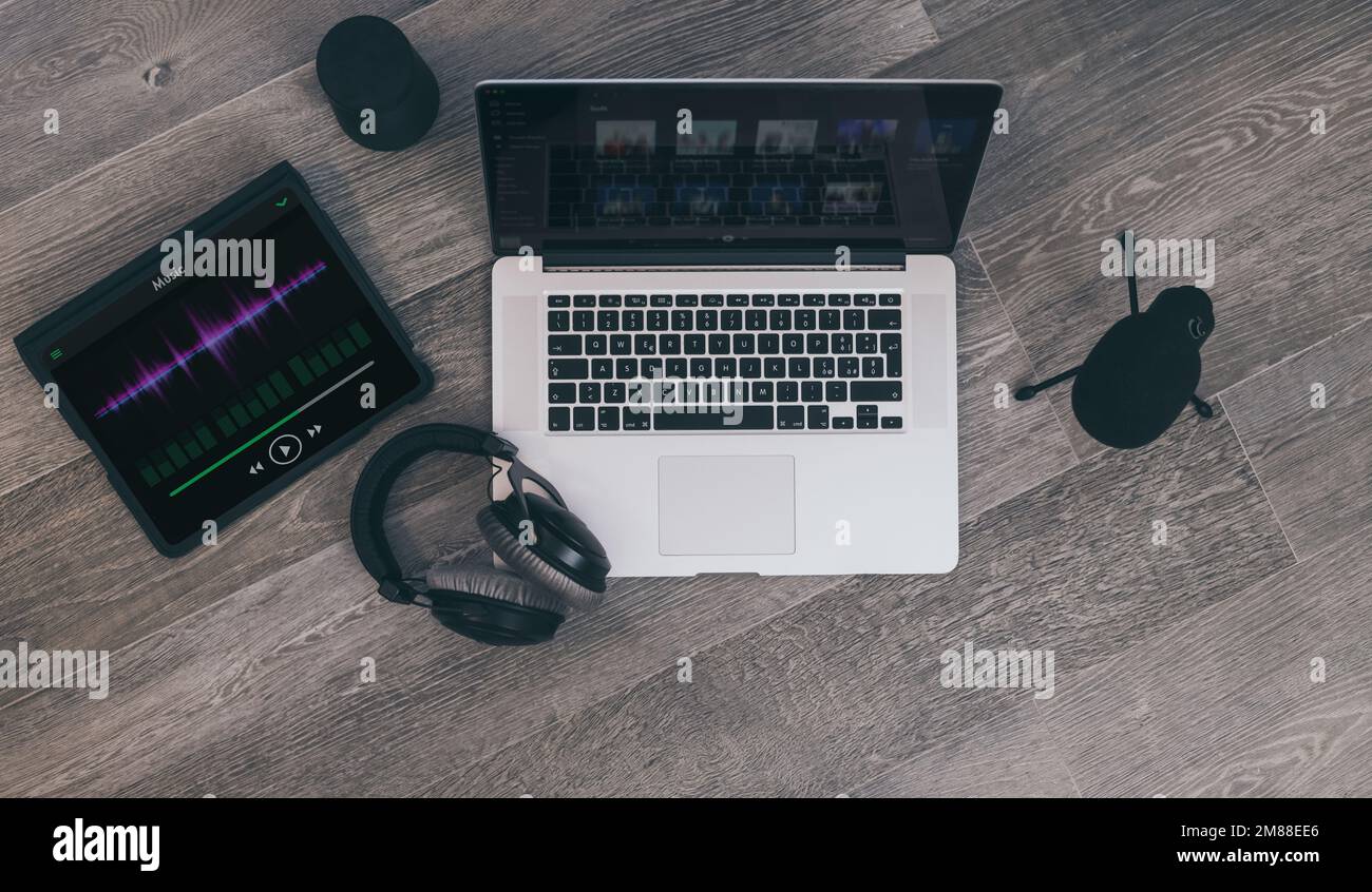 Laptop tablet and microphone streaming service technology hi-res stock ...