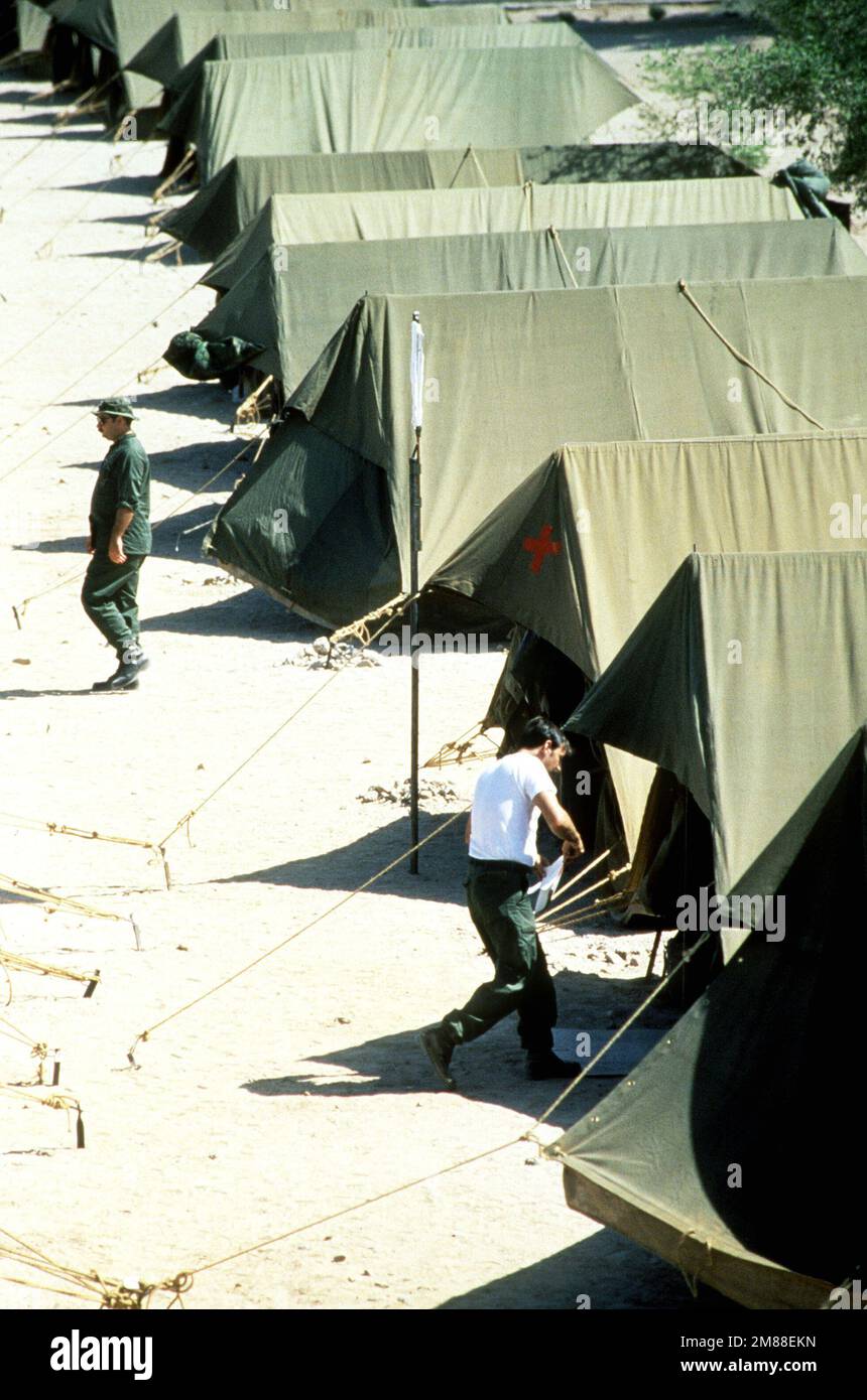 A view of one of the many rows of tents in the US base camp during ...