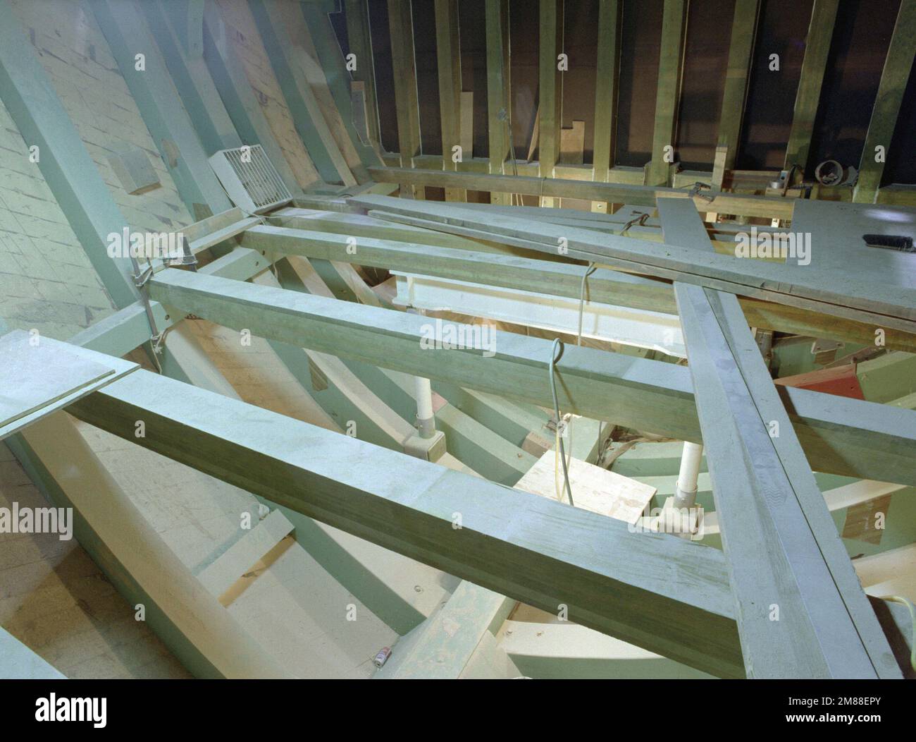 A view of the bow thruster room looking aft during construction of the ...