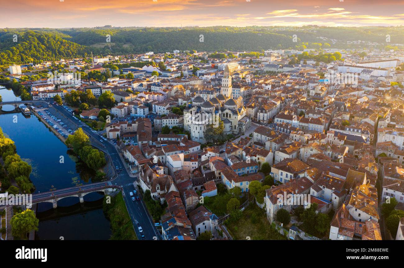 Aerial view of summer Perigueux in rays of setting sun, France Stock ...