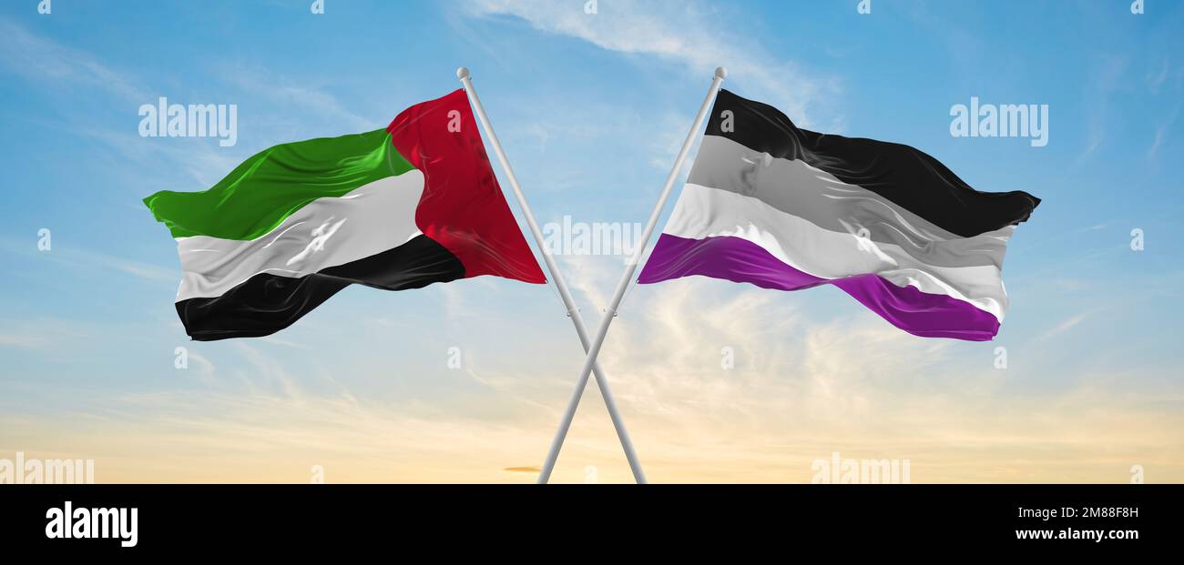 two crossed flags asexuality Pride and United Arab Emirates waving in ...