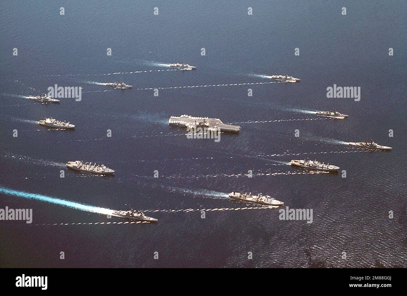 Aerial starboard view of Battle Group Alfa underway. The ships are ...