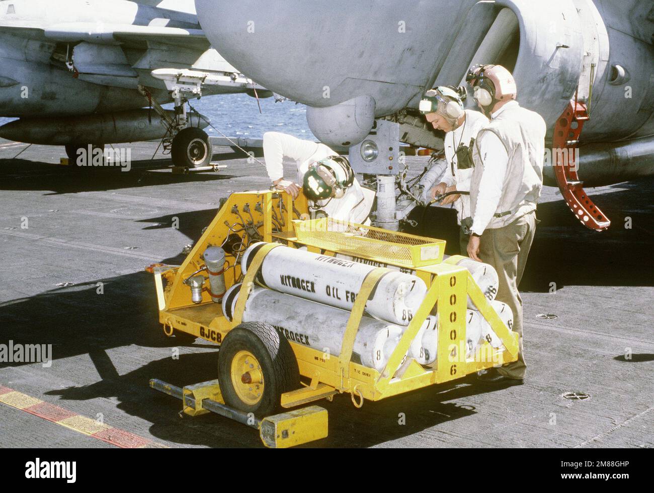 Crew members use a NAN-2 nitrogen servicing unit to pressurize aircraft ...