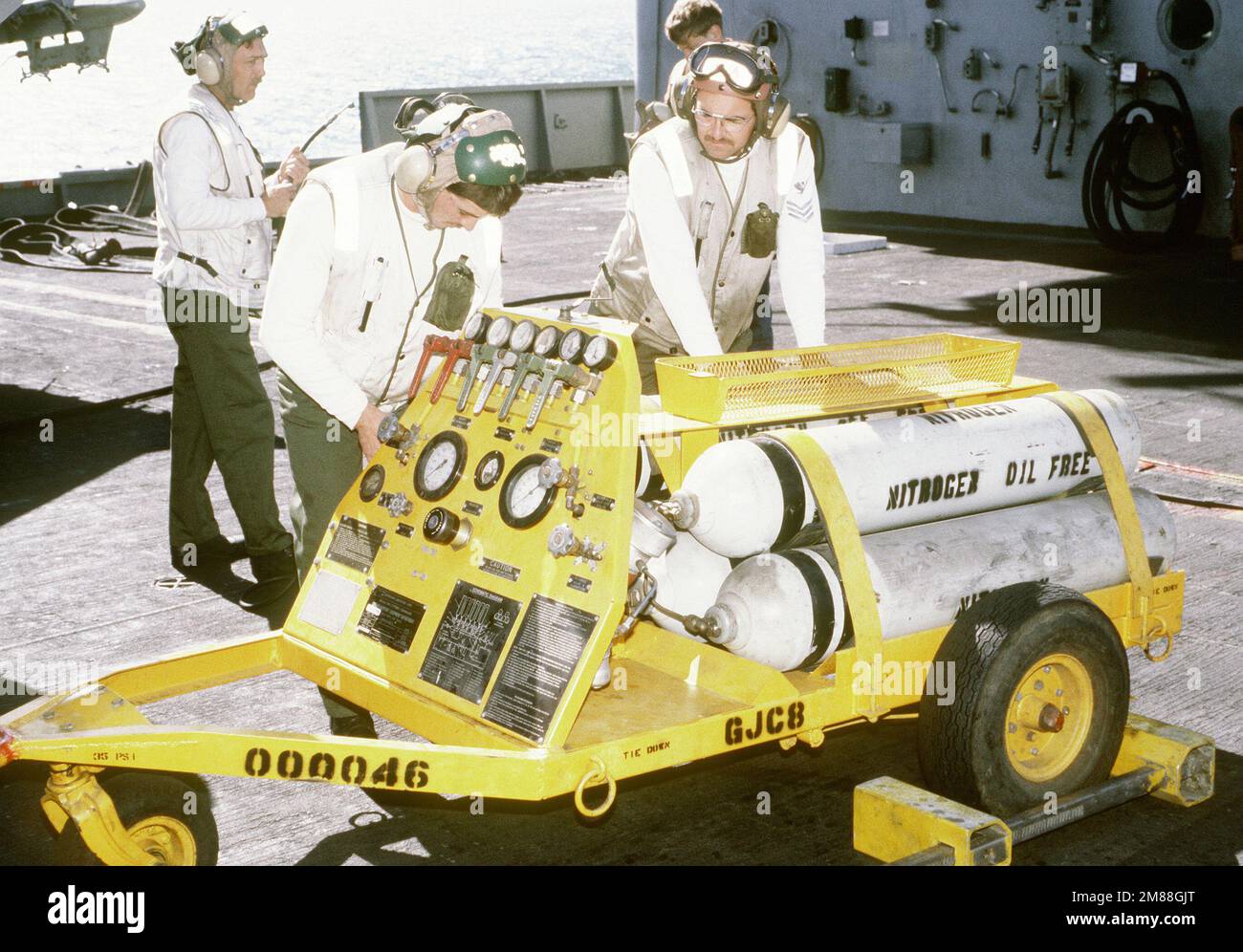 Crew members use a NAN-2 nitrogen servicing unit to pressurize aircraft ...