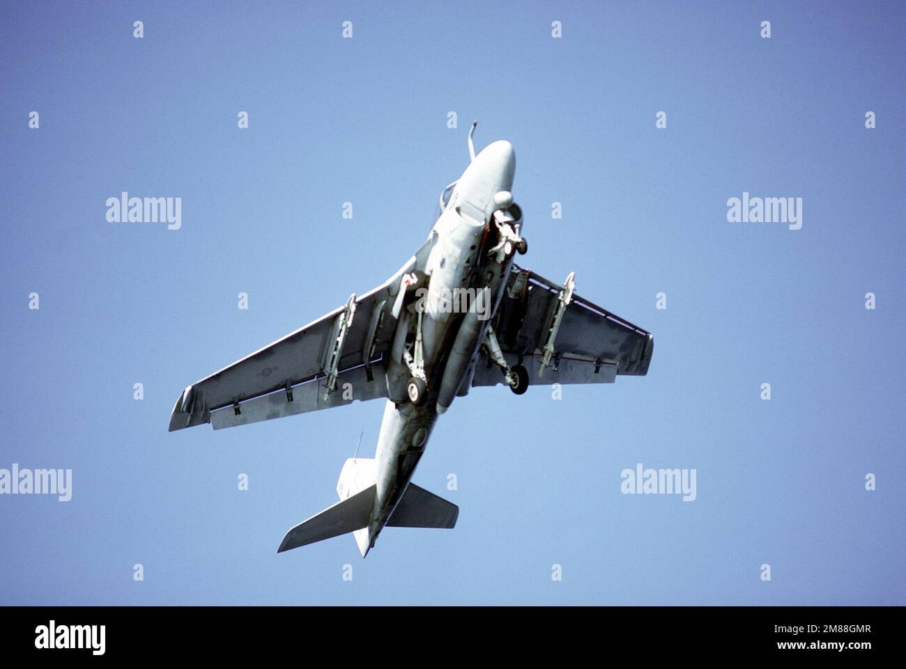 An underside view of an A-6E Intruder aircraft with its landing gear ...