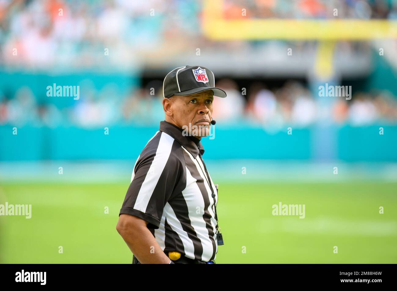 NFL line judge Carl Johnson stands on the field during an NFL football ...