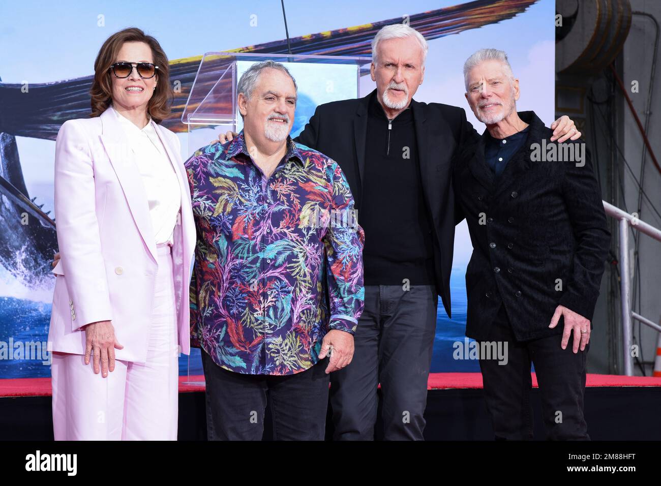 January 12, 2023, Los Angeles, California, USA: (L-R) SIGOURNEY WEAVER, JON LANDAU, JAMES ...