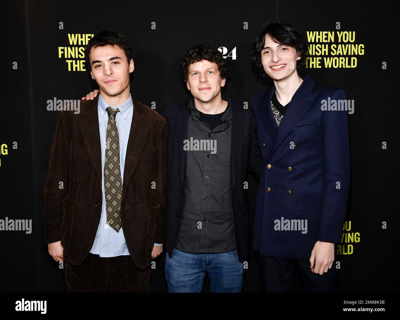 Billy Bryk, left, Jesse Eisenberg and Finn Wolfhard attend a special ...