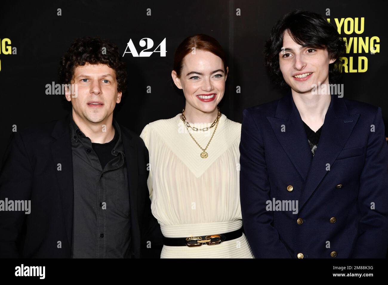 Jesse Eisenberg, left, Emma Stone and Finn Wolfhard attend a special ...