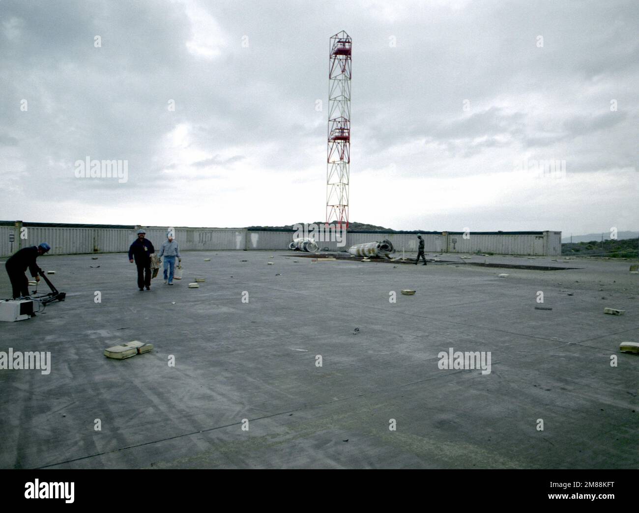 A view of overall damage to the launch pad of an XMGM-134A small ...