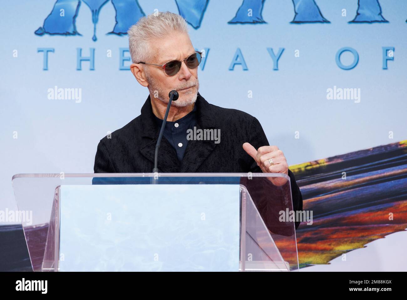Stephen Lang speaks at the Jon Landau and James Cameron hands and ...