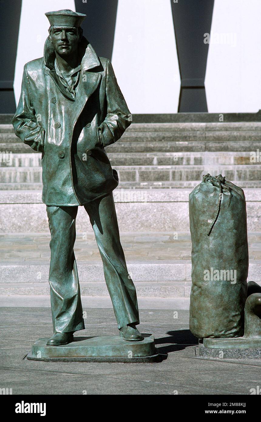 A close-up view of the Lone Sailor statue at the U.S. Navy Memorial ...