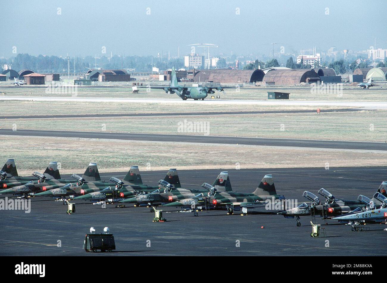 A 37th Tactical Airlift Squadron C-130 Hercules aircraft taxis near F ...