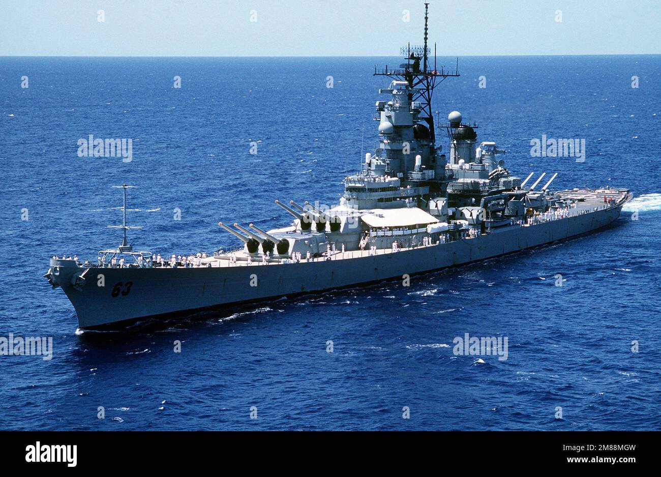 A port bow view of the battleship USS MISSOURI (BB-63) underway. Base ...