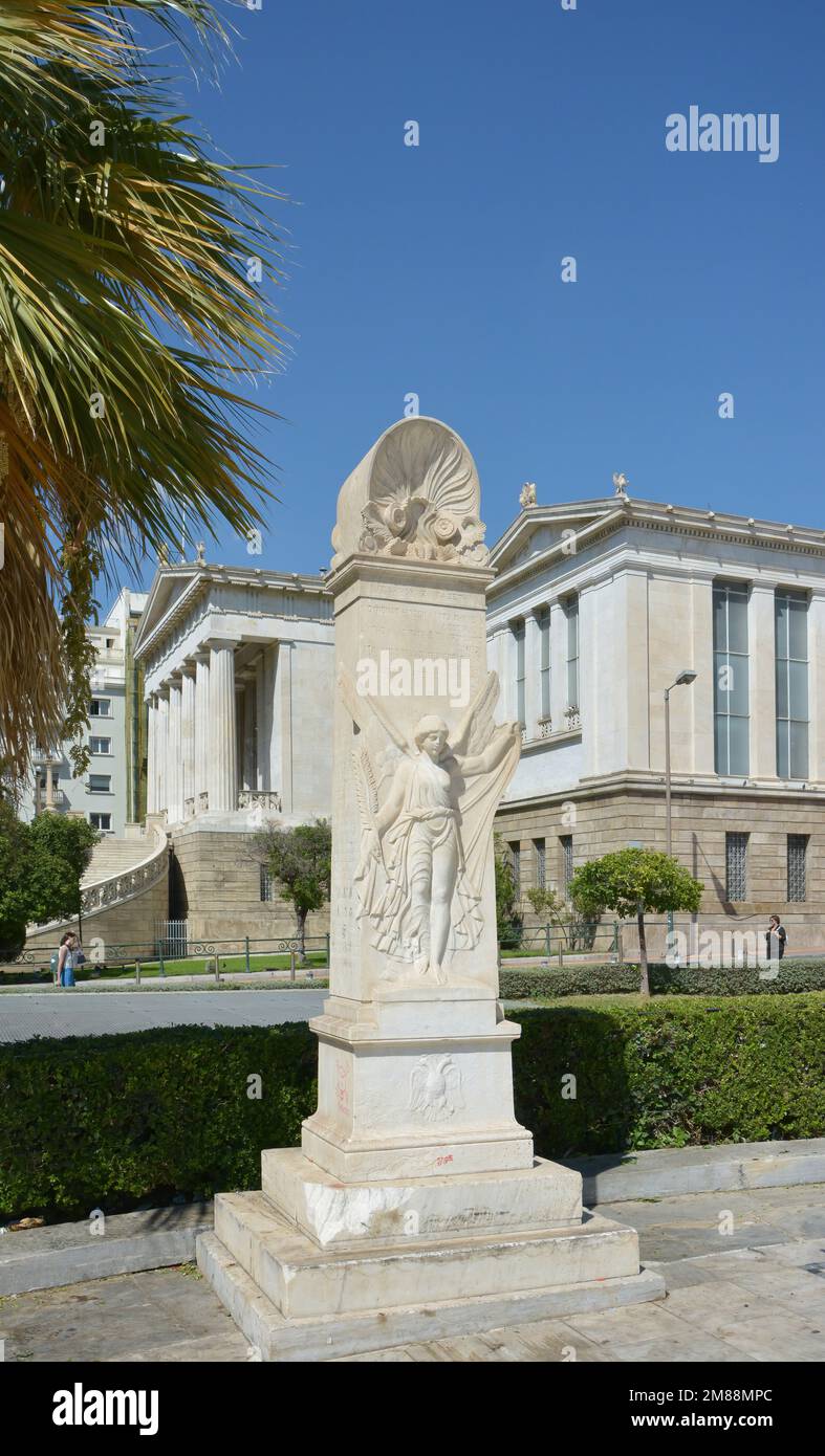 Bas relief column in front of the University of Athens, with the ...