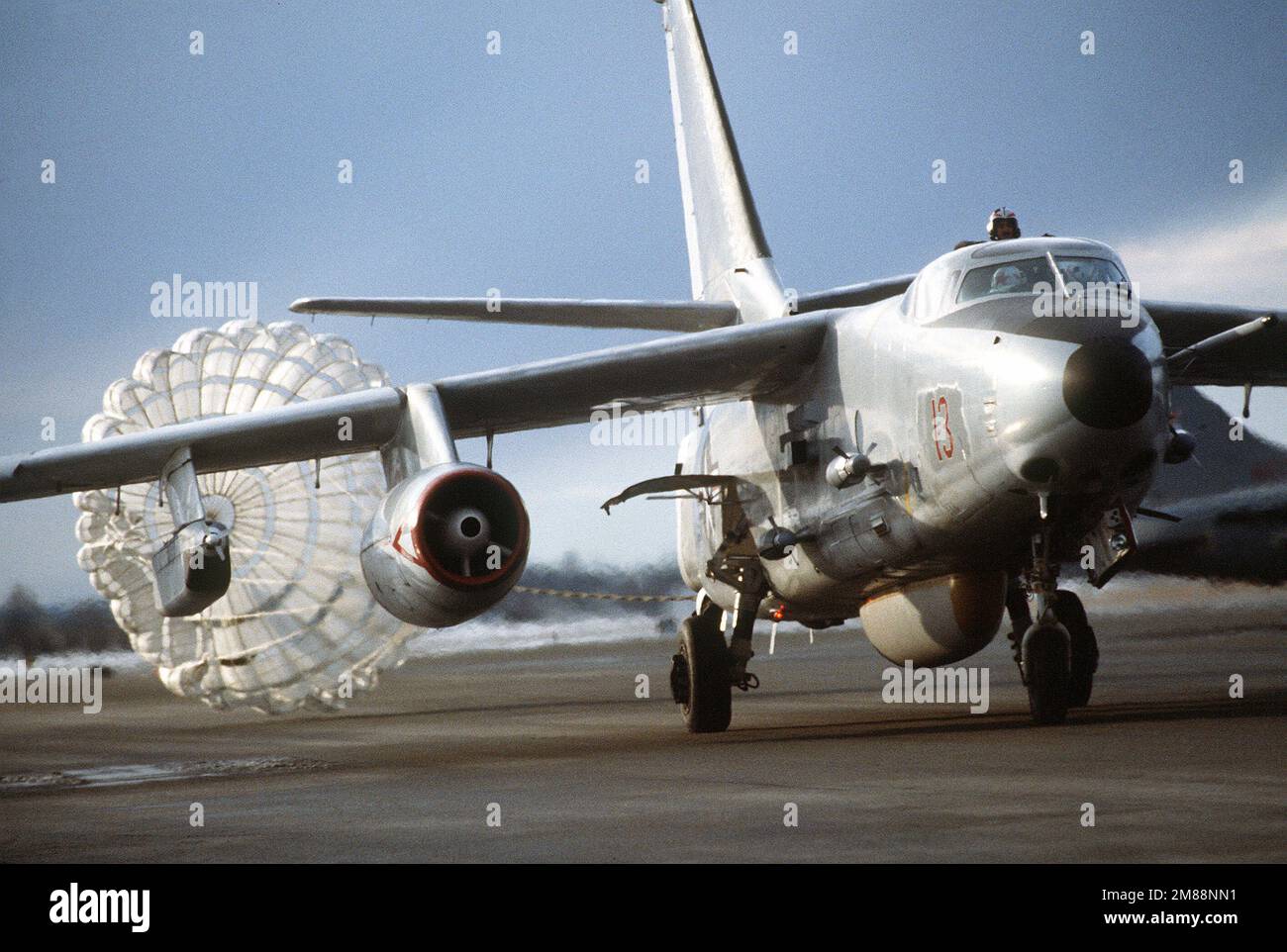 A drag chute opens as an A-3 Skywarrior aircraft lands during the U.S ...