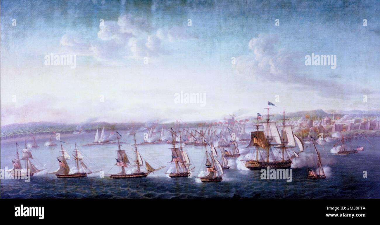 A US Navy expedition under Commodore Edward Preble engaging gunboats ...