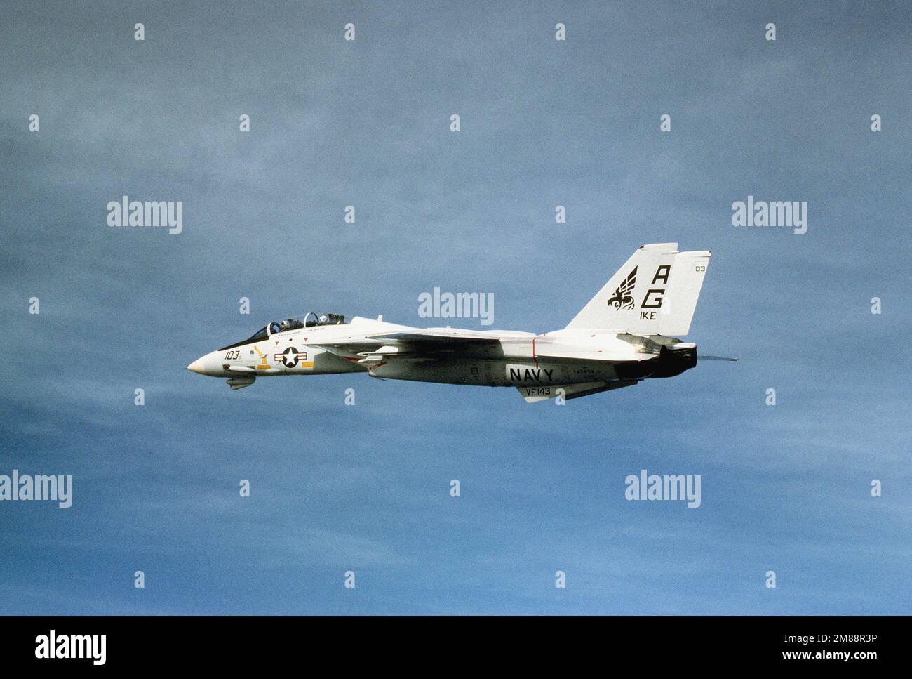 An air-to-air left side view of a Fighter Squadron 143 (VF-143) F-14A ...
