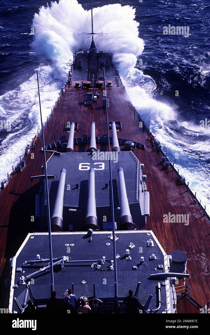 A view of the Mark 7 16-inch 50-caliber guns of turrets No. 1 and 2 ...