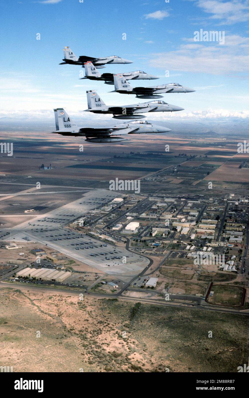 Air to air right side view of a formation of five F-15 Eagle fighters ...