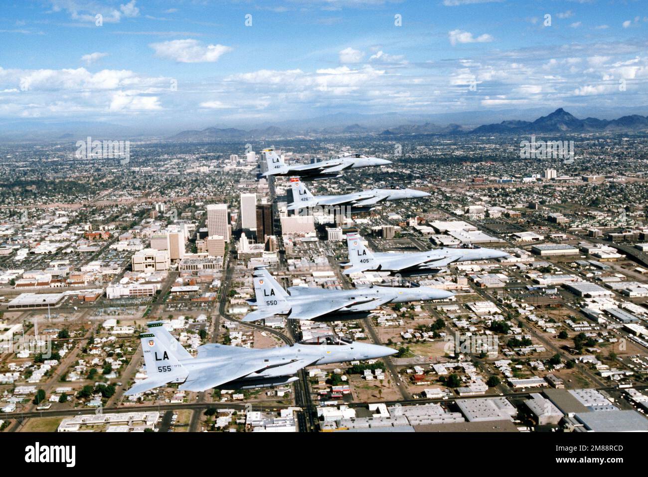 Air to air right side view of a formation of five F-15 Eagle fighters ...