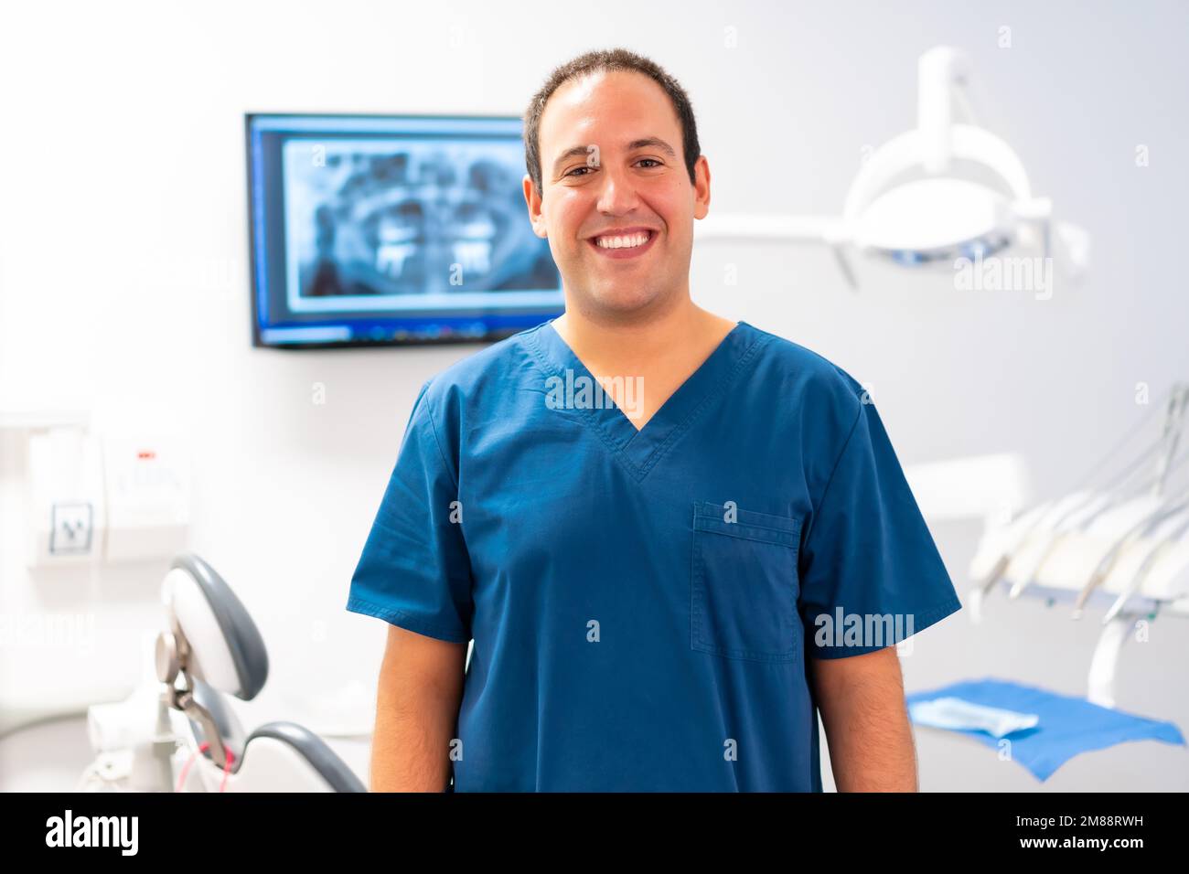 Dental clinic, portrait of a Caucasian female dentist smiling at her ...