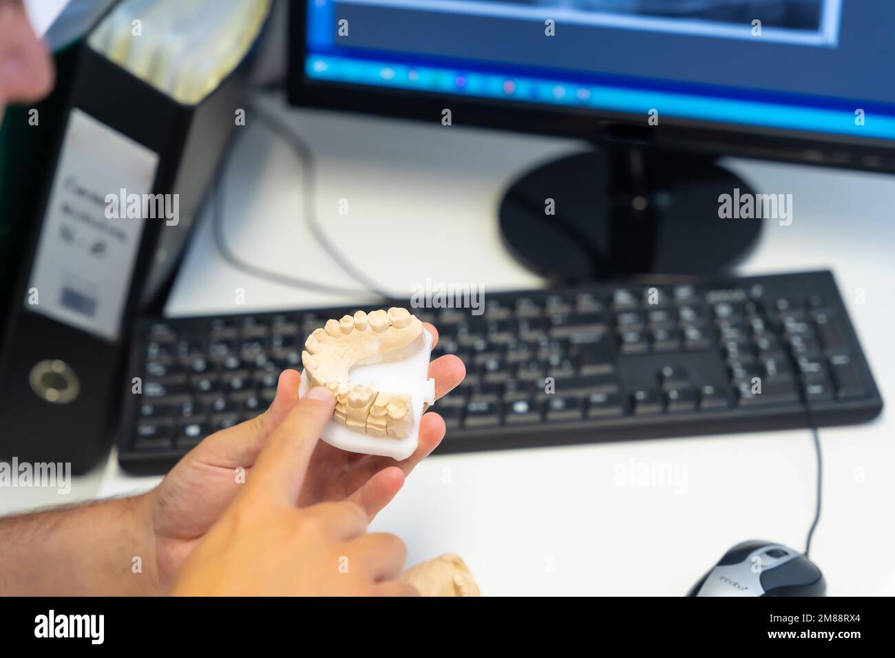 Dental clinic, dentist detail explaining to a client the teeth that ...