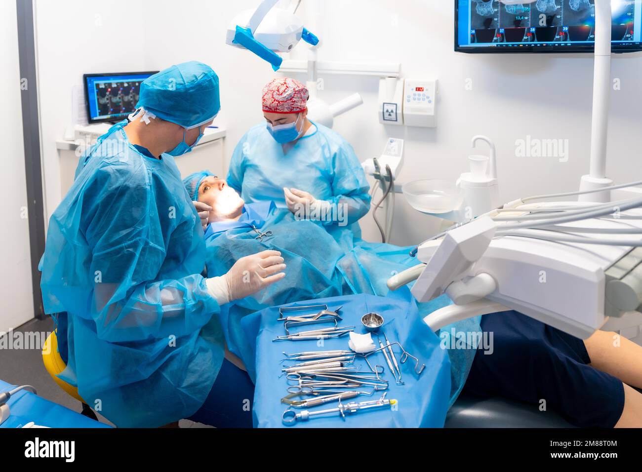 Dental clinic, dentist doctor preparing all the utensils before the ...