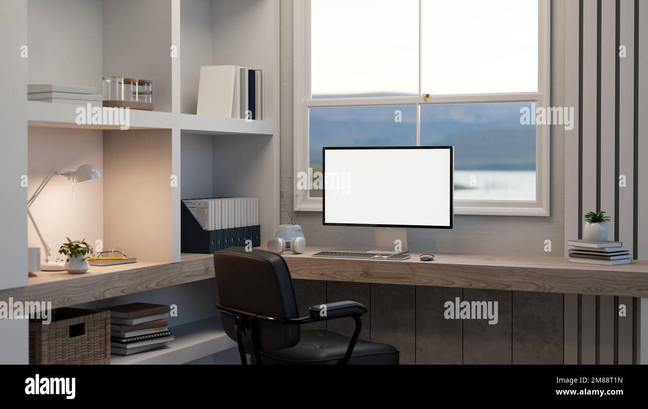 Modern contemporary home working room interior design with PC desktop ...