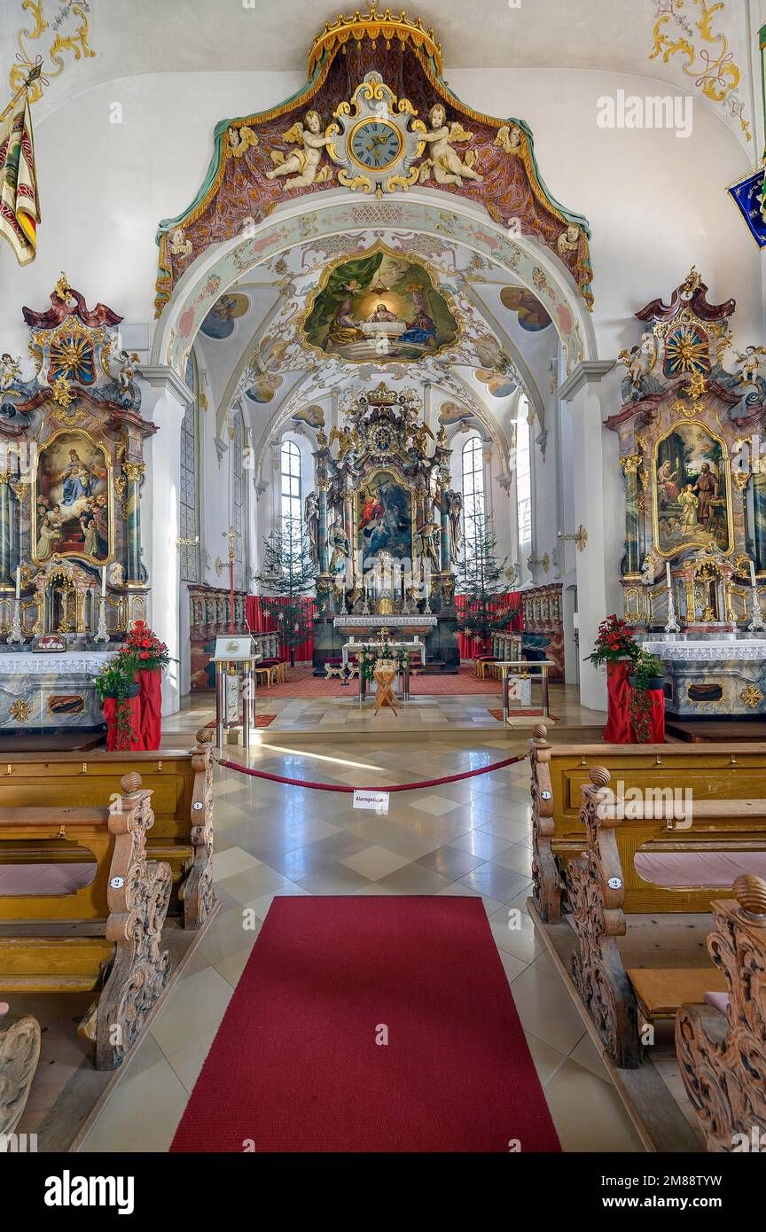 Main altar and two side altars, Holy Trinity Parish Church in Sulzberg ...