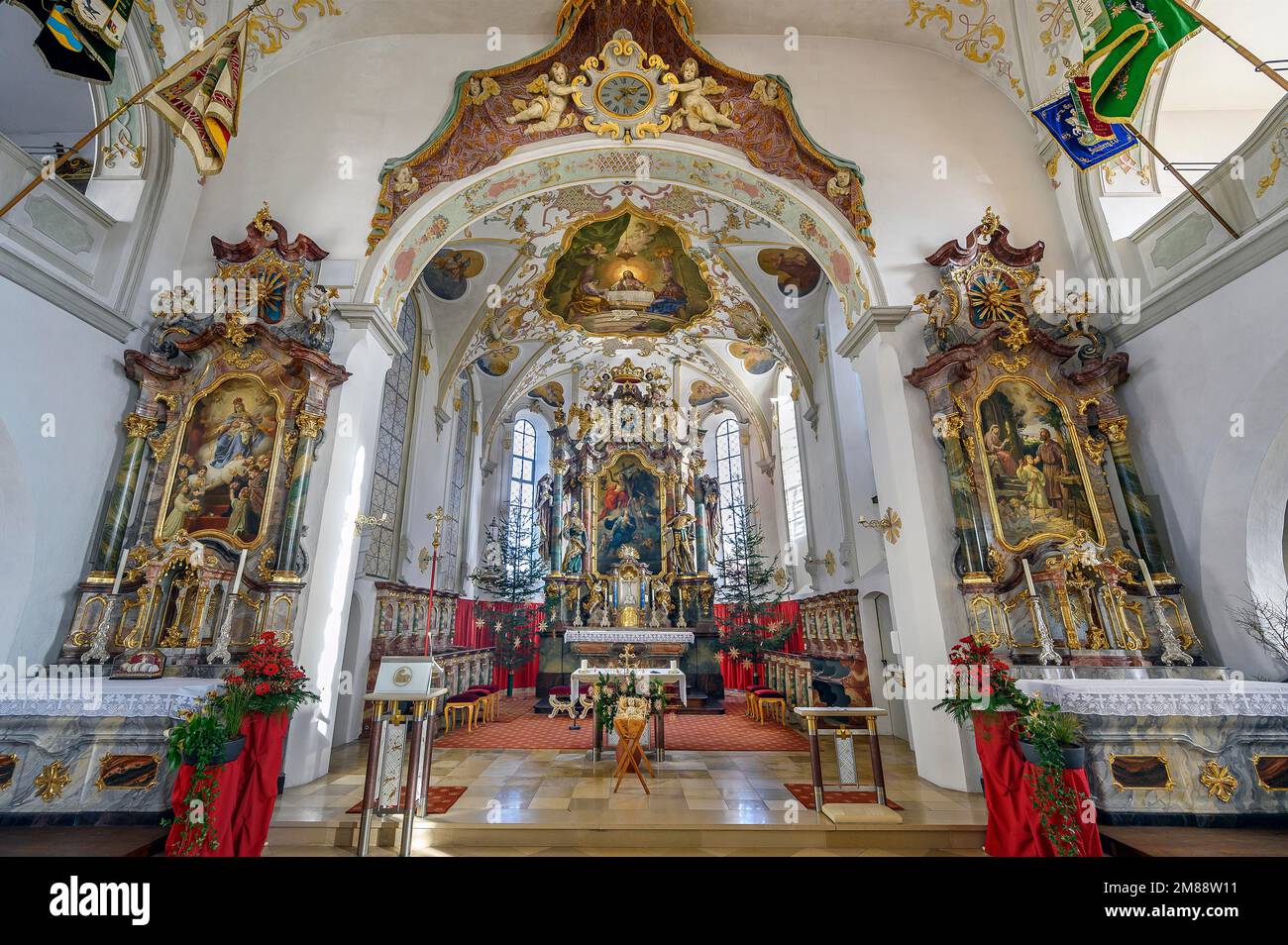 Main altar and two side altars, Holy Trinity Parish Church in Sulzberg ...
