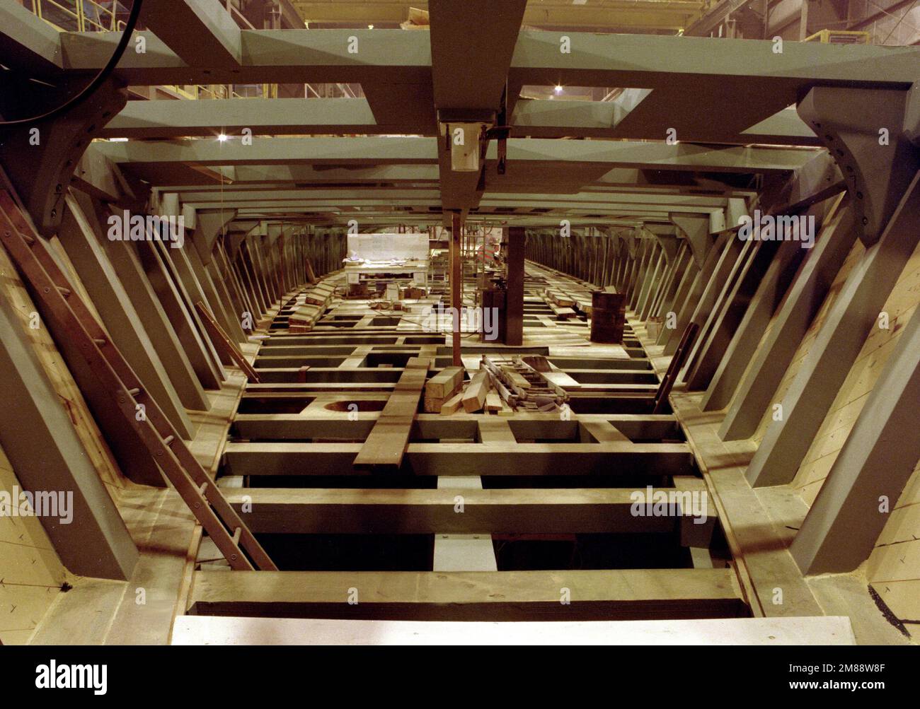 An interior view of the main deck, bow looking aft, of the mine ...