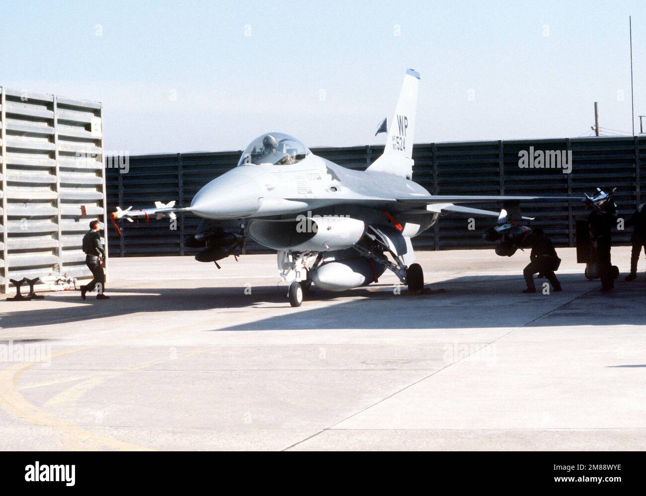 The pilot of an F-16 Fighting Falcon aircraft taxies out of a revetment ...