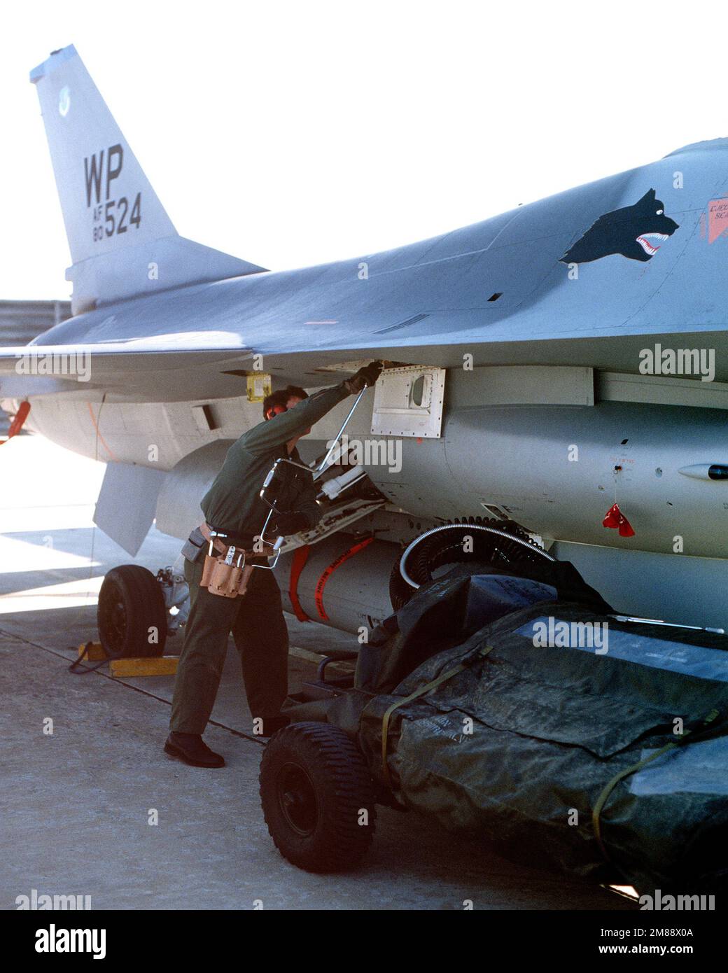 Ammunition is loaded aboard an F-16 Fighting Falcon aircraft during a ...